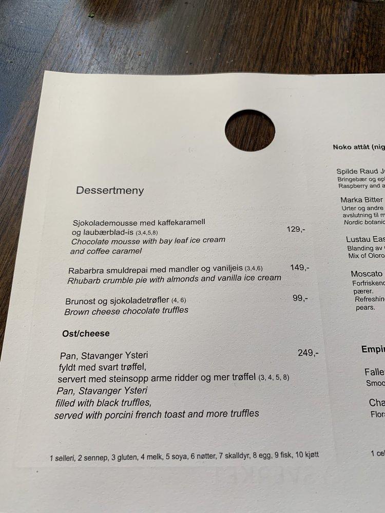 Menu at Lysverket restaurant, Bergen