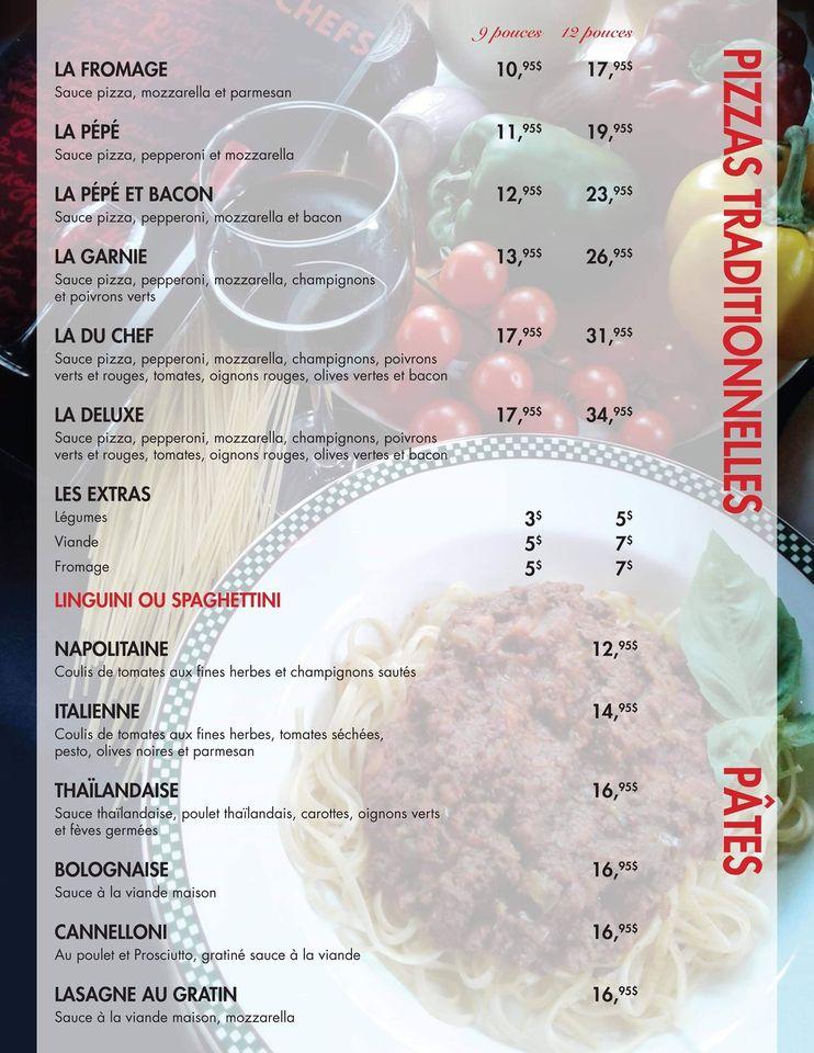 Menu at Pizza des Chefs pizzeria, Québec City