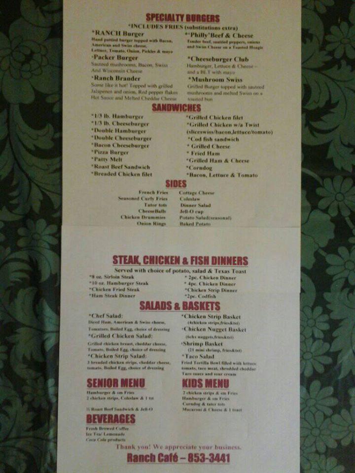Menu at Ranch Cafe, Miller