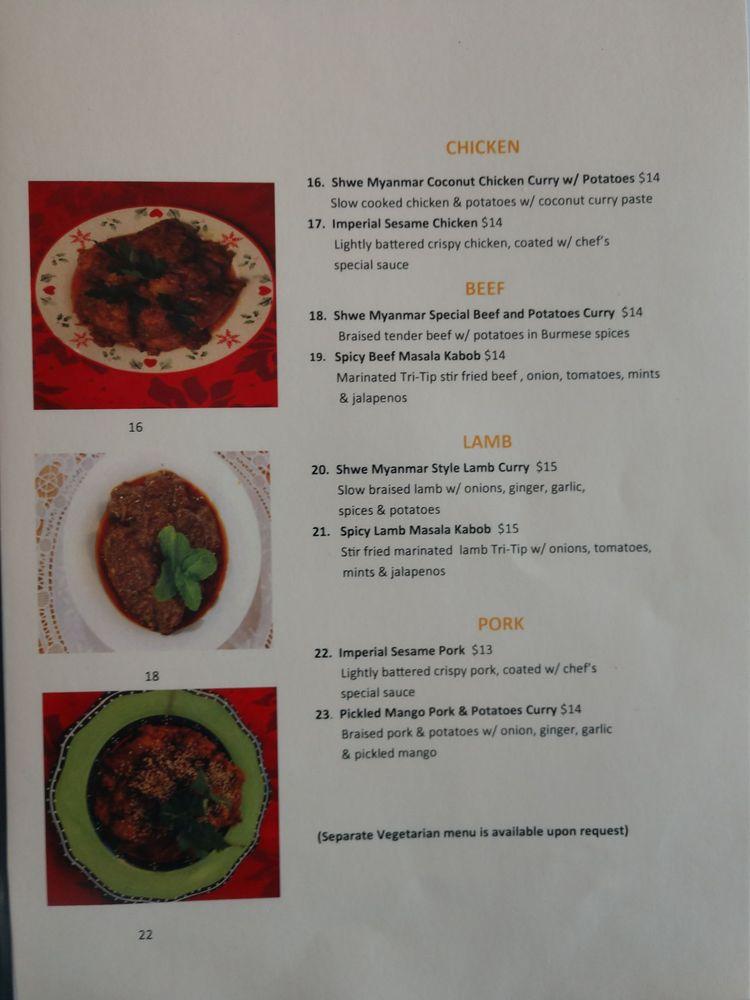 Menu at Shwe Myanmar Burmese Cuisine restaurant, Livermore