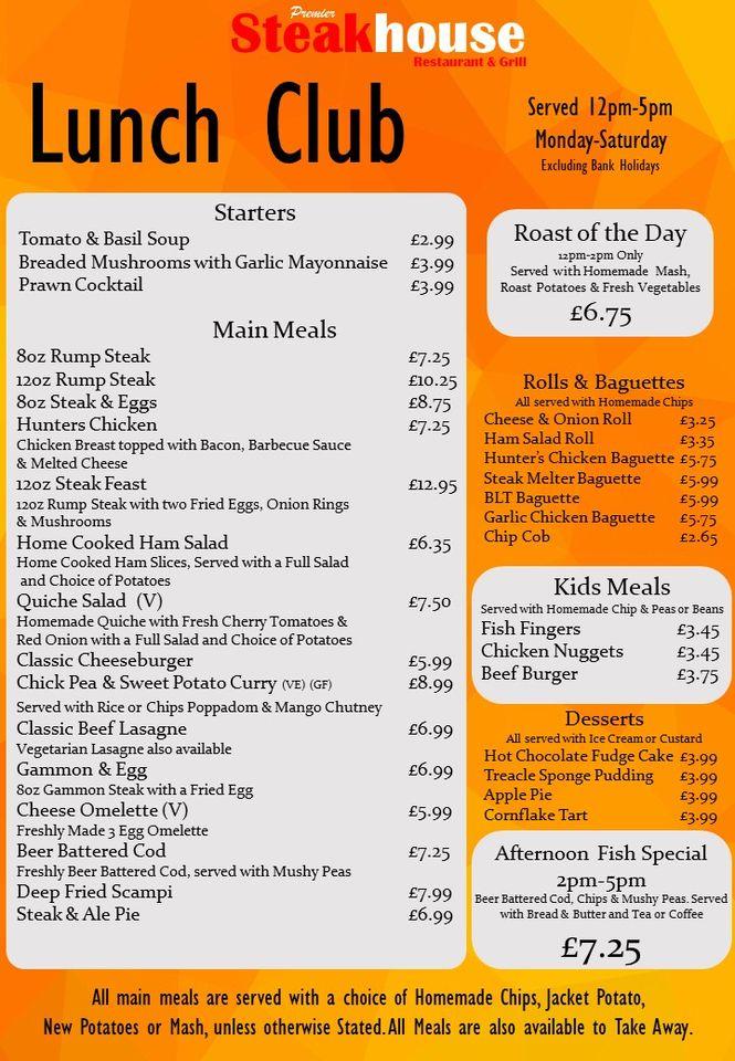 Menu at Sprinters Premier Steakhouse, Nottingham