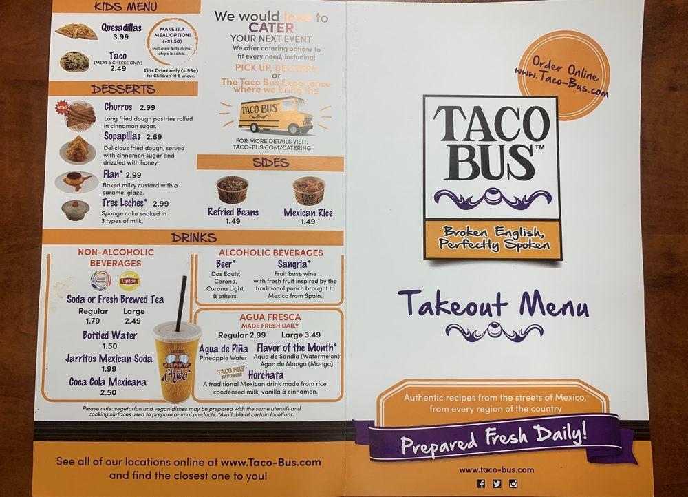 Menu at Taco Bus restaurant, Tampa, US-301