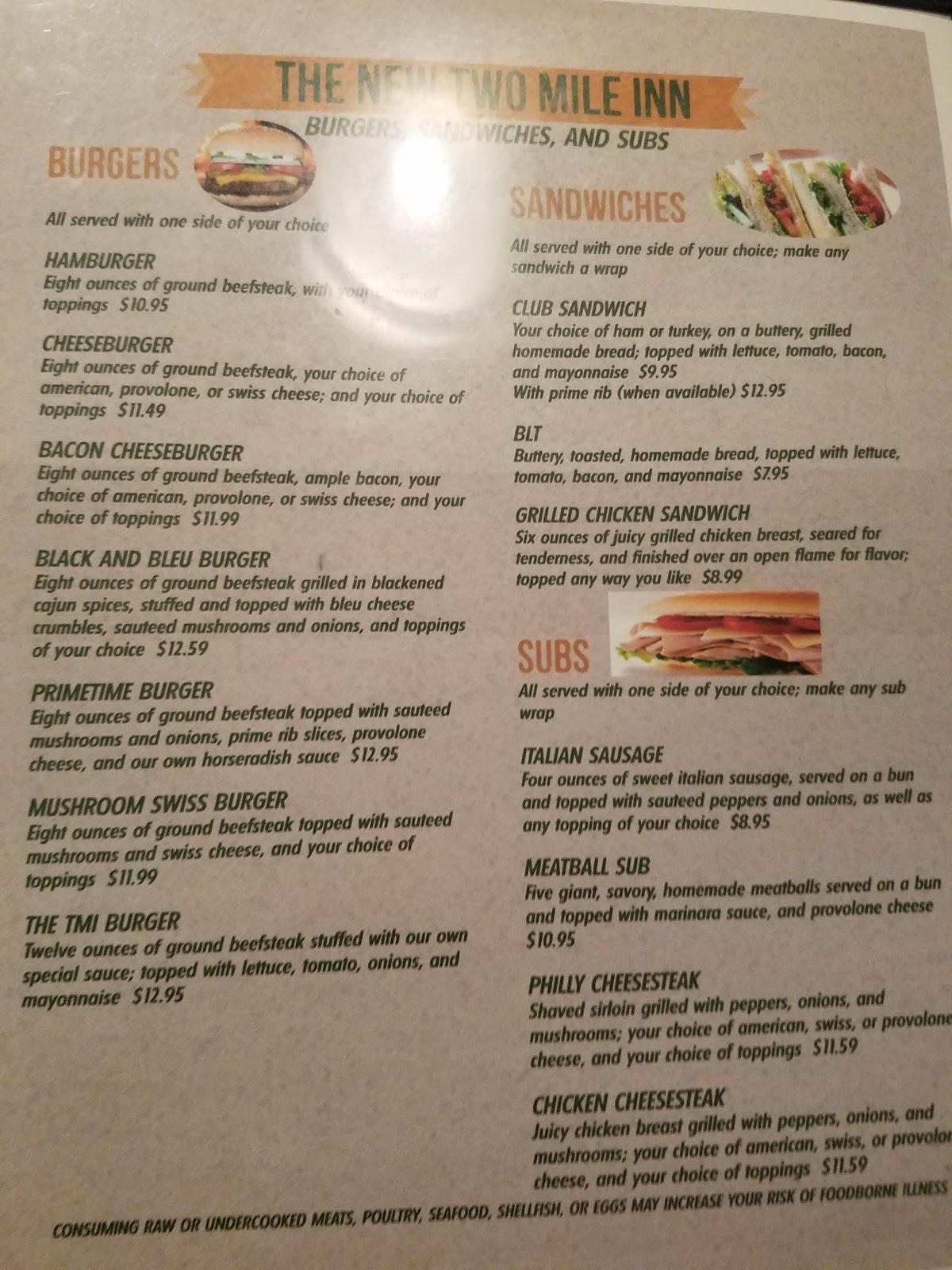 Menu at The New Two Mile Inn pub & bar, Port Allegany