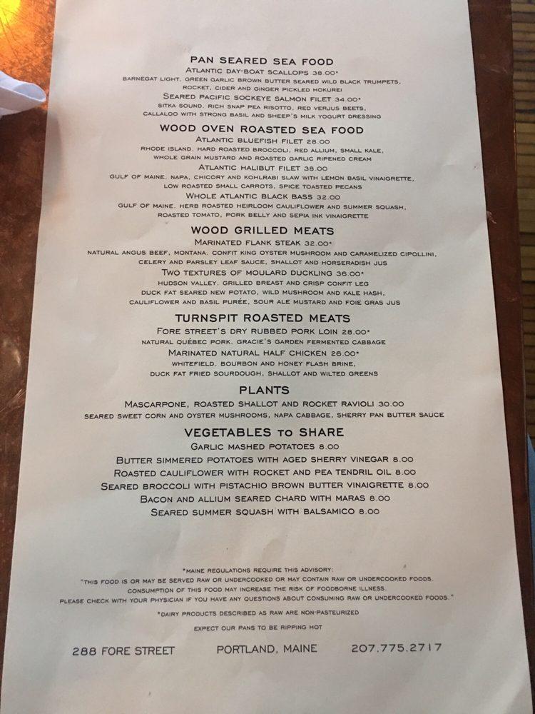 Menu at Fore Street Restaurant, Portland