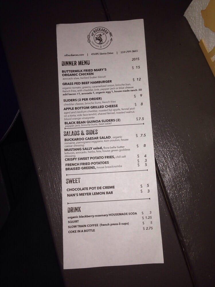 Menu at Ol Buckaroo restaurant, Three Rivers