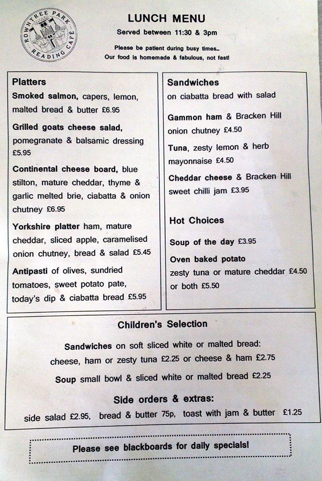Menu at Rowntree Park Reading Cafe, York