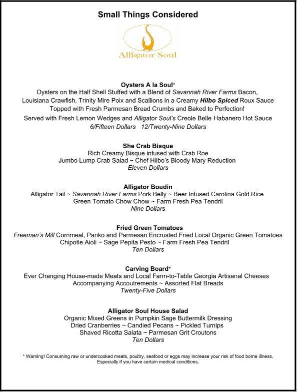 Menu at Alligator Soul Restaurant, Savannah