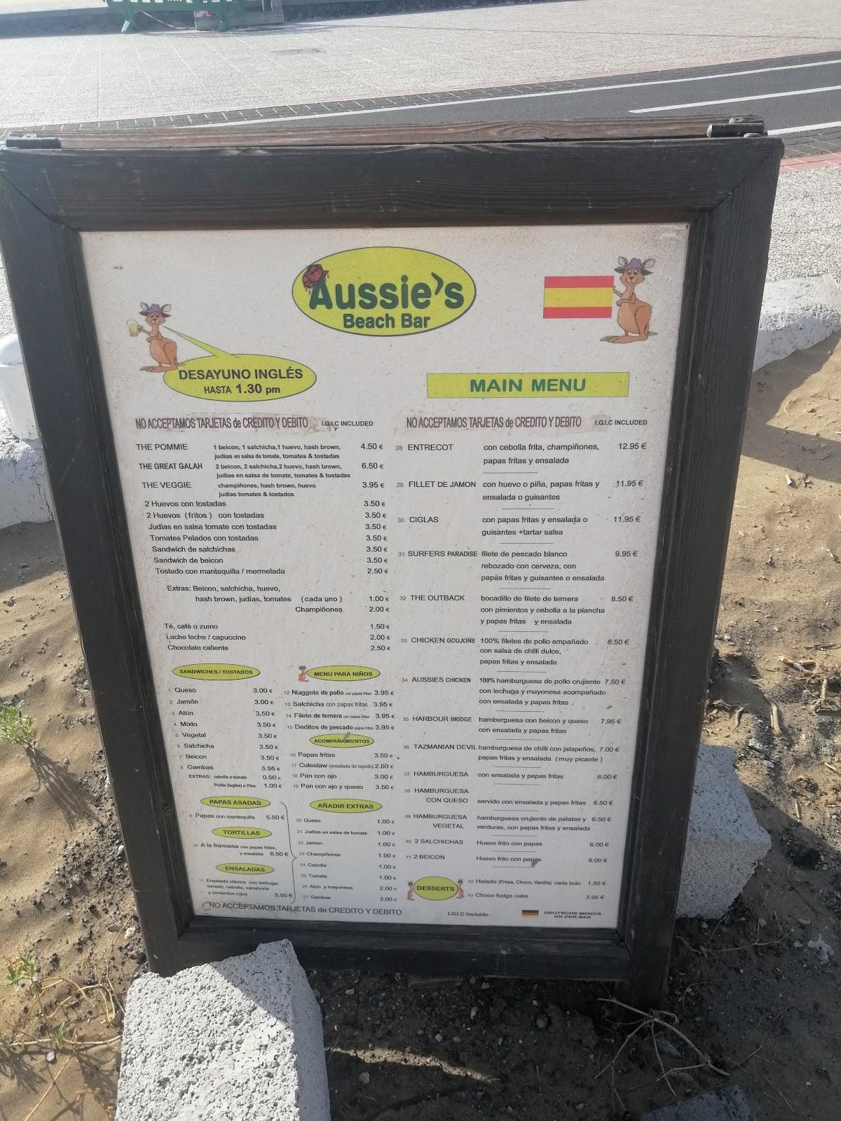 Menu at Aussie's Beach Bar, Tías