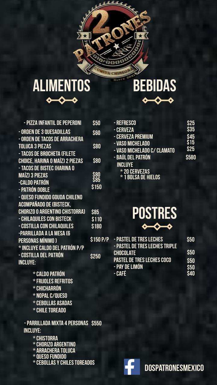 Carta del restaurante Dos Patrones, Cuautitlán Izcalli
