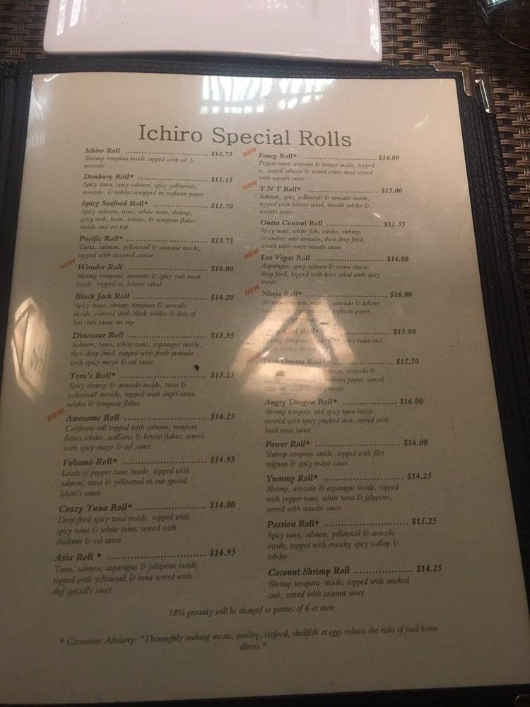 Carta del restaurante Ichiro, Danbury