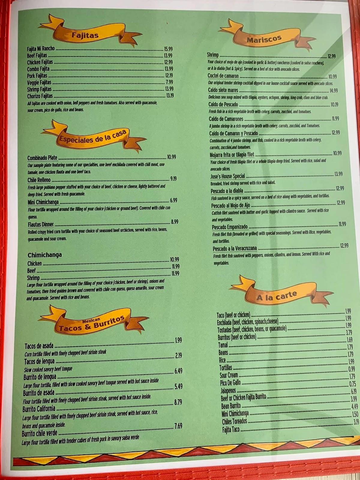 Menu at Mi Rancho Mexican Restaurant, Monett