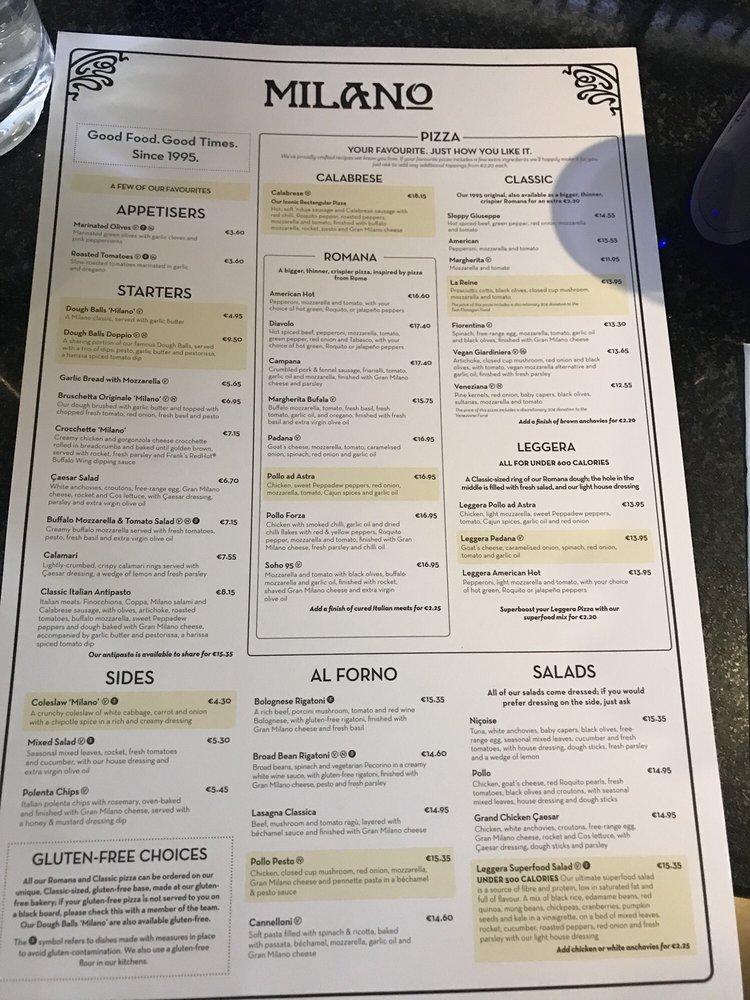 Menu at Milano restaurant, Killarney