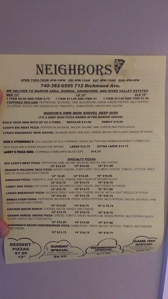 Menu at Neighbors Pizza pizzeria, Marion