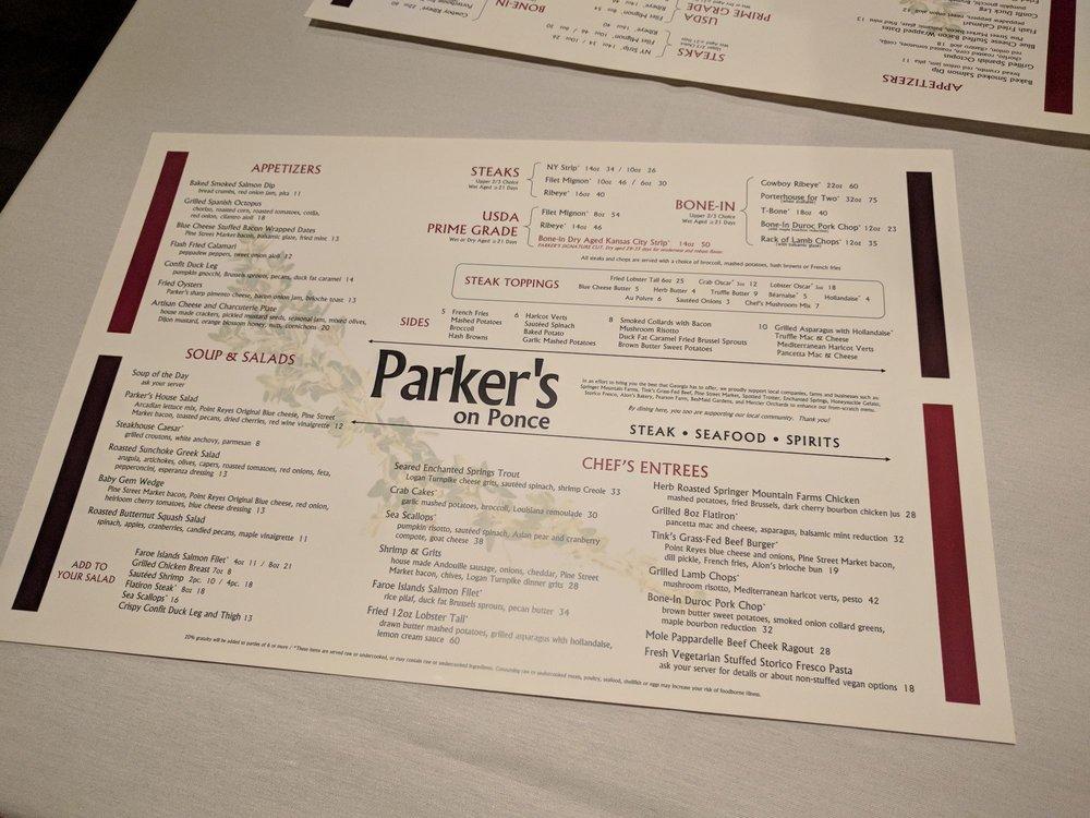 Menu at Parker's on Ponce pub & bar, Decatur