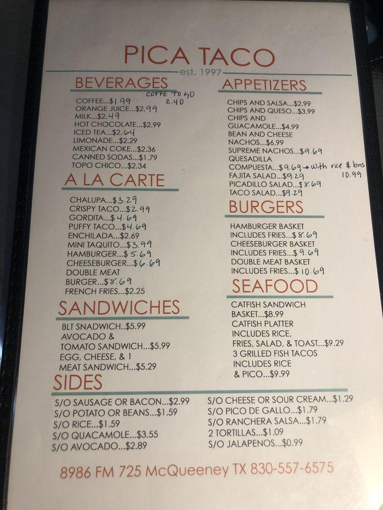 Menu at Pica Taco restaurant, McQueeney