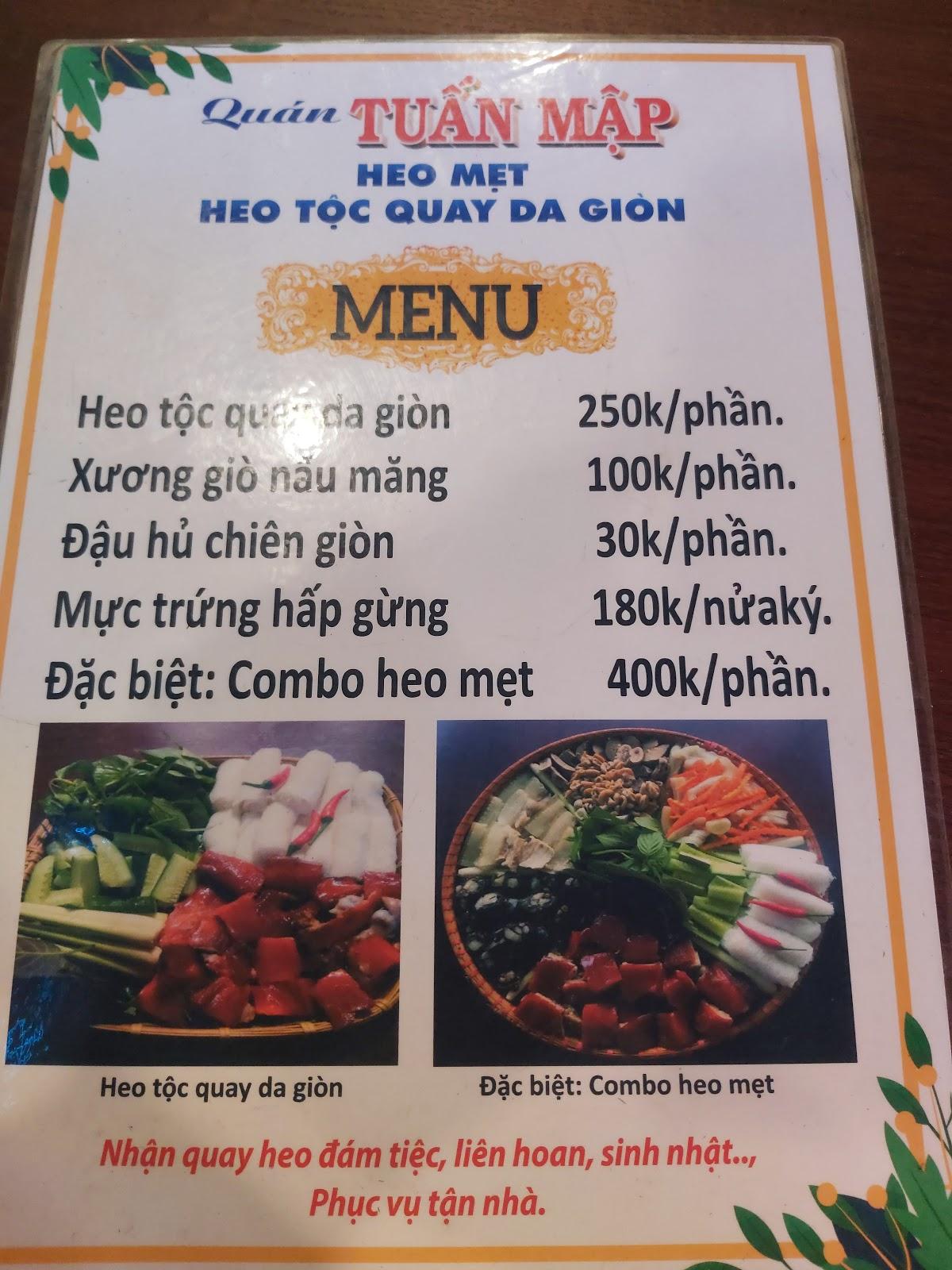 Menu at Quán Heo Sữa Quay Tuấn Mập restaurant, Ben Tre
