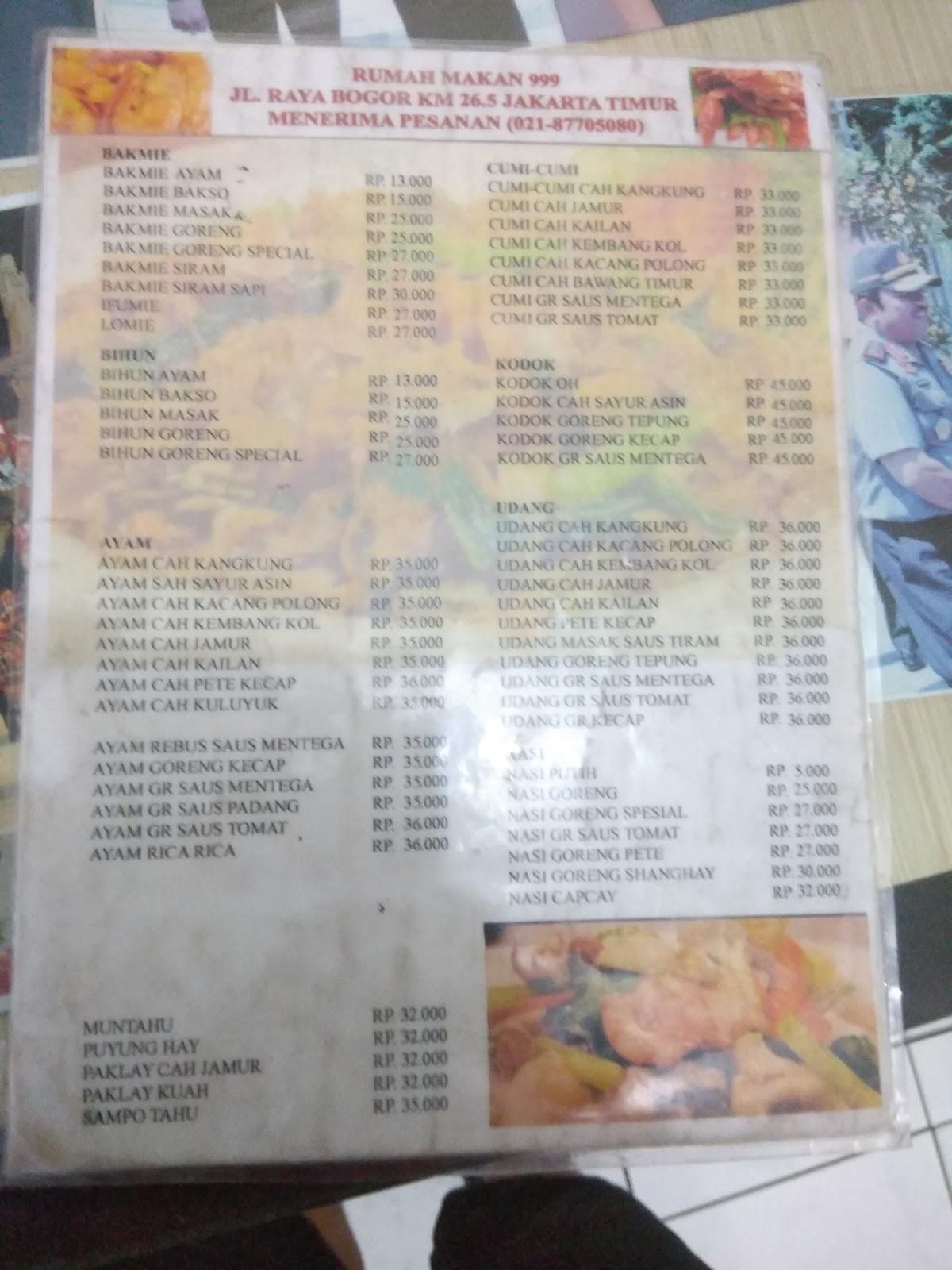 Menu at Restoran 999 restaurant, East Jakarta