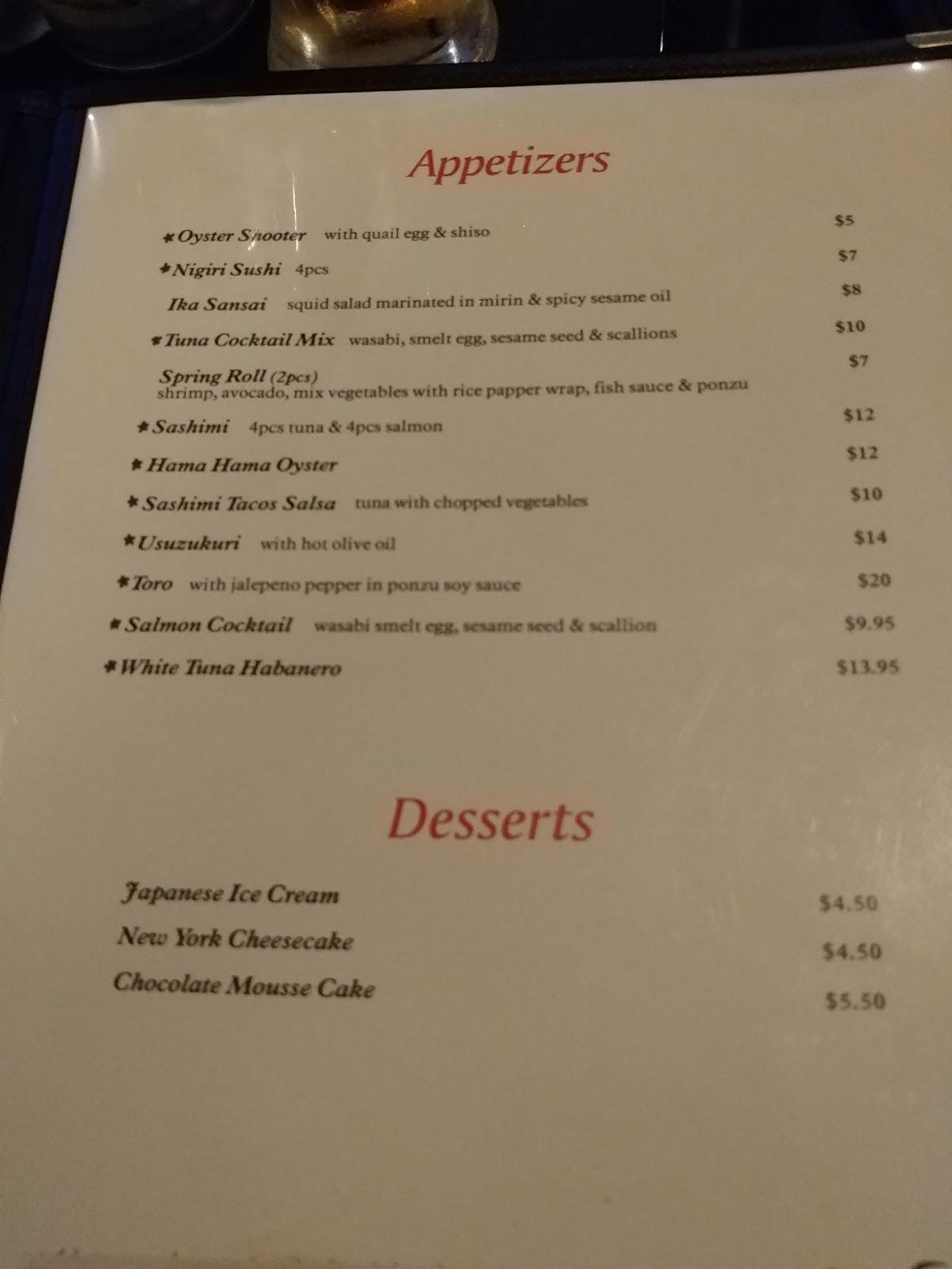Menu at Sushiya restaurant, Williamsburg, John Tyler Hwy
