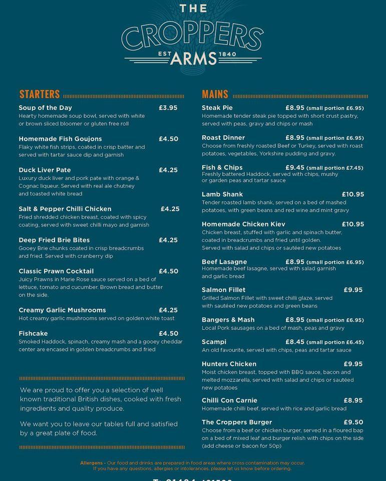 Menu at The Croppers Arms pub & bar, Huddersfield