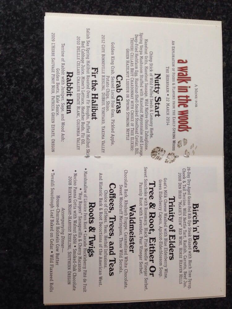 Menu at The Herbfarm restaurant, Woodinville