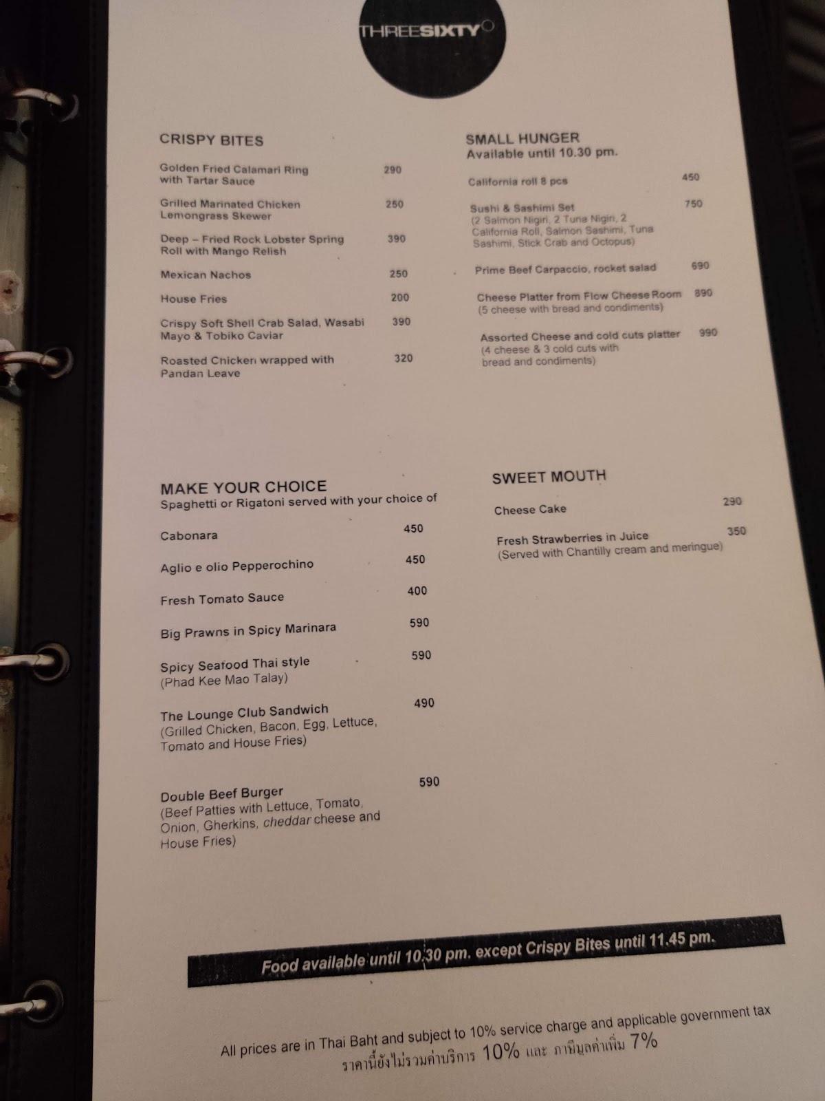 Menu at Three Sixty Lounge pub & bar, Bangkok