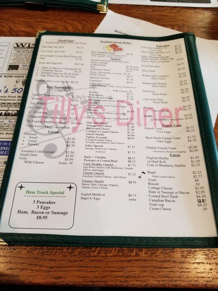 Menu at Tilly's Diner restaurant, Monticello