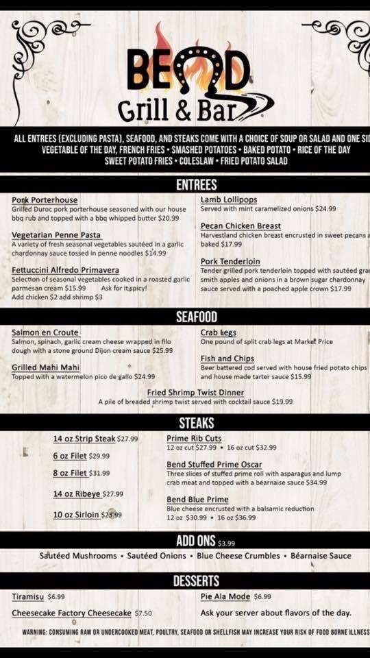 Menu at Bend Grill and Bar, Lake Ozark