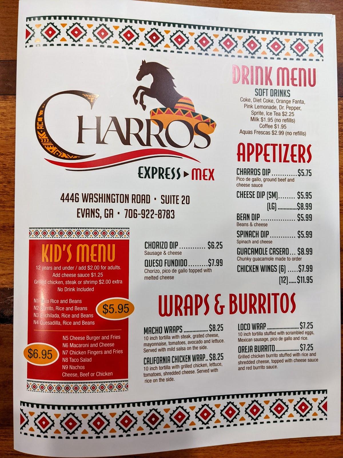 Menu at Charros Express Mex restaurant, Evans