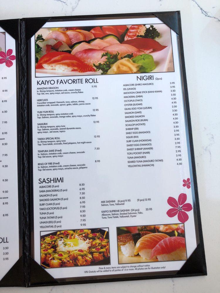 Menu at Kaiyo Sushi restaurant, Chula Vista