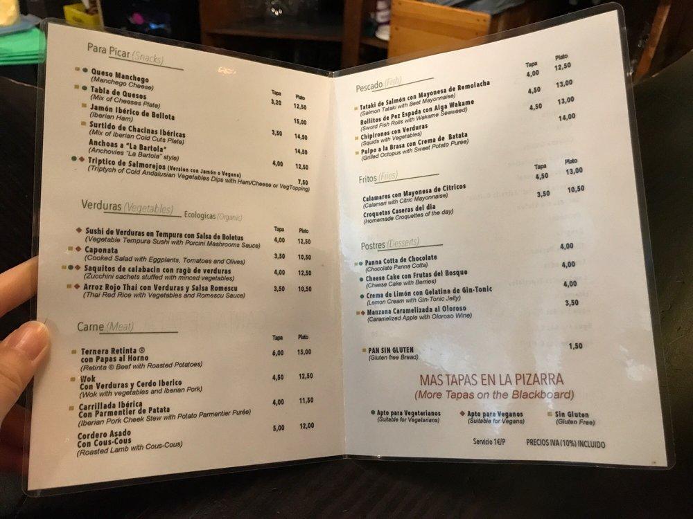 Menu at La Bartola, Seville