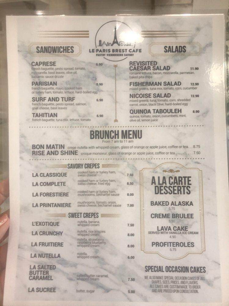 Menu at Le Paris Brest Cafe, Las Vegas