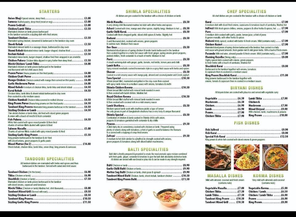 Menu at Shimla spice indian restaurant and takeaway, Kirton in Lindsey