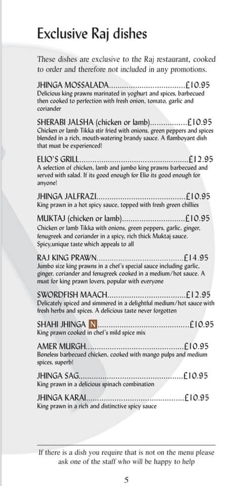 Menu at The Raj restaurant, Kettering