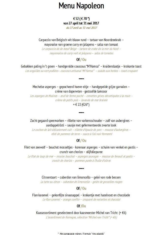 Menu at Auberge Napoleon, Meise