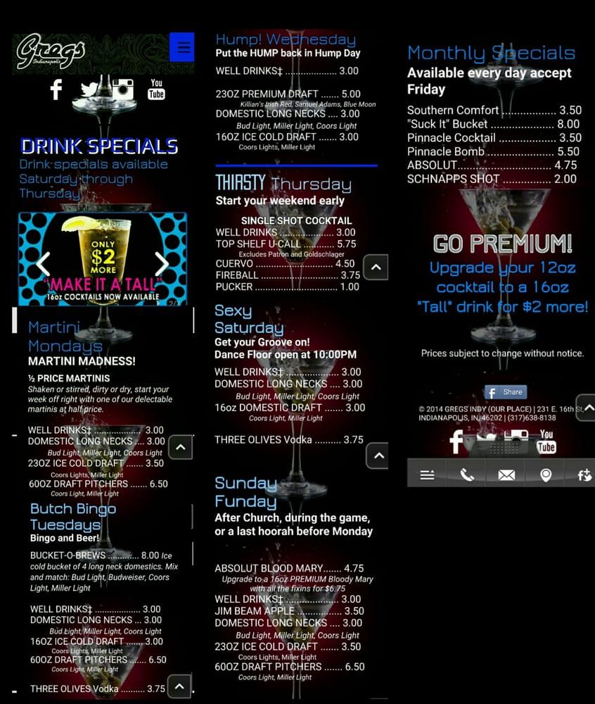 Menu at Gregs pub & bar, Indianapolis