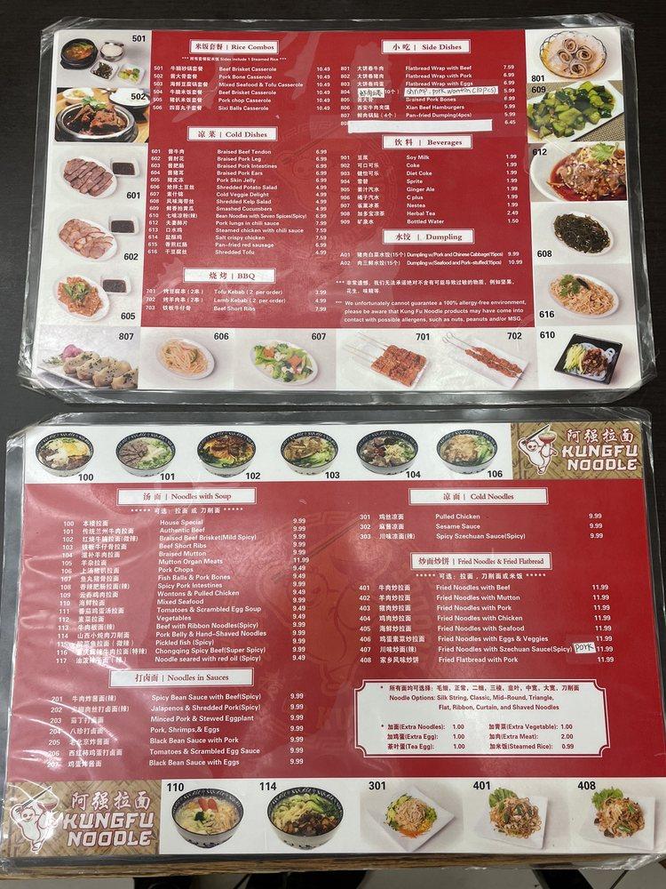 Menu at Kung Fu Noodle restaurant, Markham
