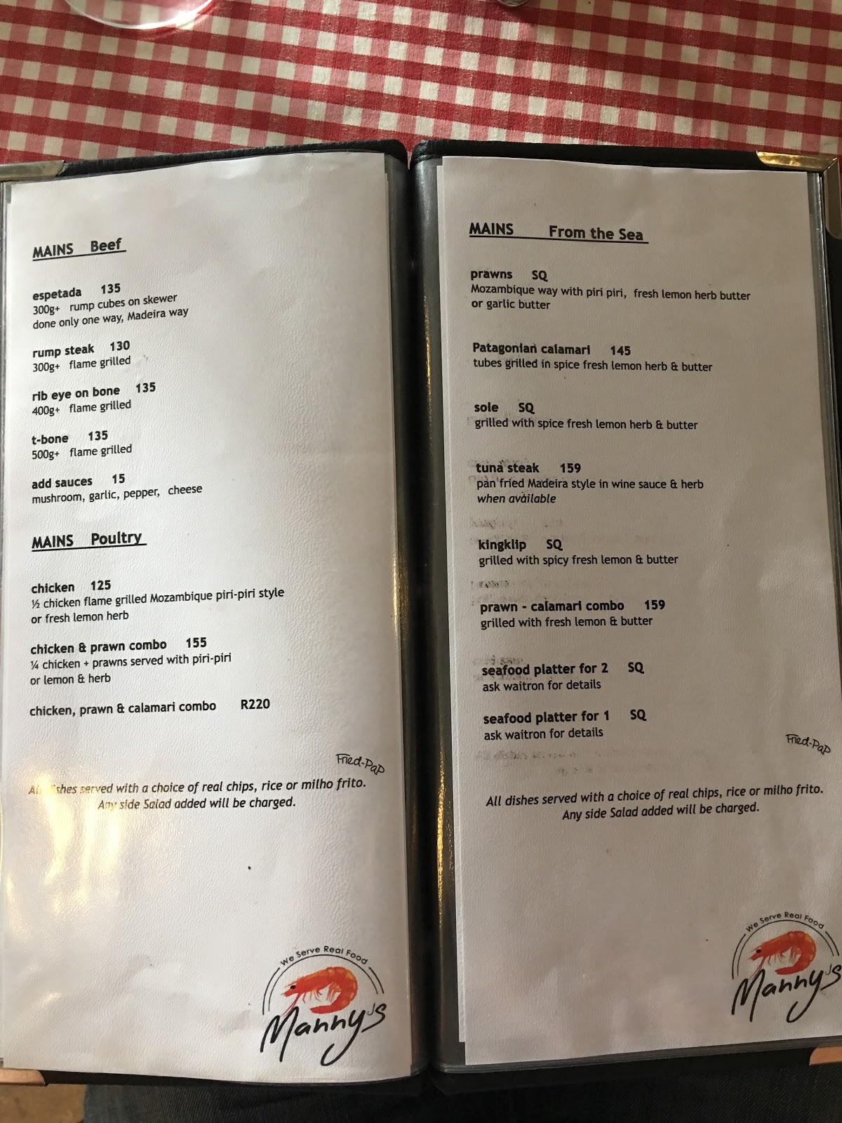 Menu at Manny's Kitchen Bot River restaurant, Bot River