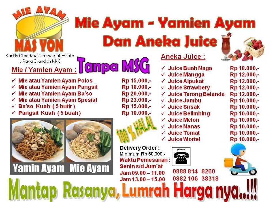 Menu at Mie Ayam MasYon restaurant, Jakarta