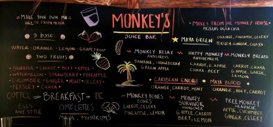 Menu at Monkey Juice Bar Tulum Boca Paila, Tulum