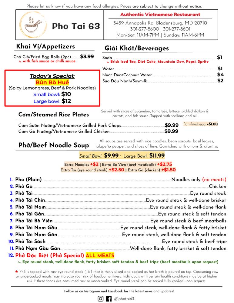 Menu at Pho Tai 63 restaurant, Bladensburg