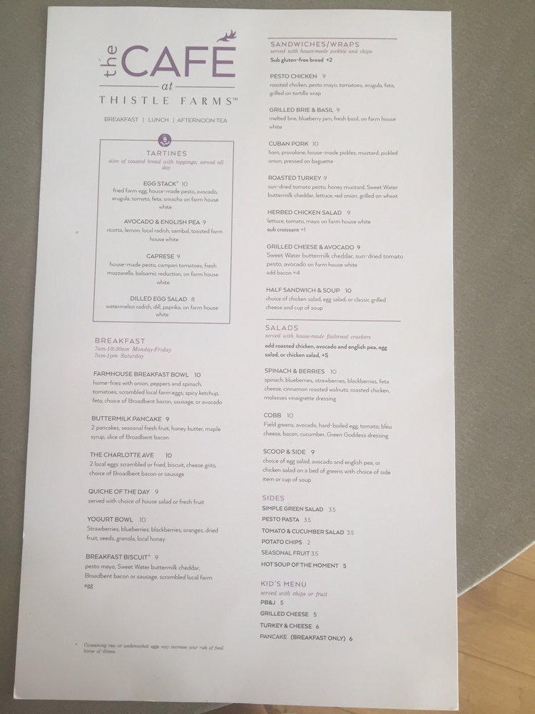 Menu at The Café at Thistle Farms cafe, Nashville