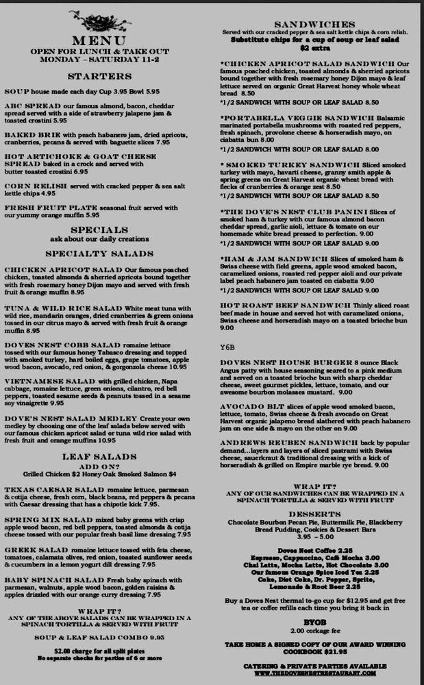 Menu at The Doves Nest restaurant, Waxahachie