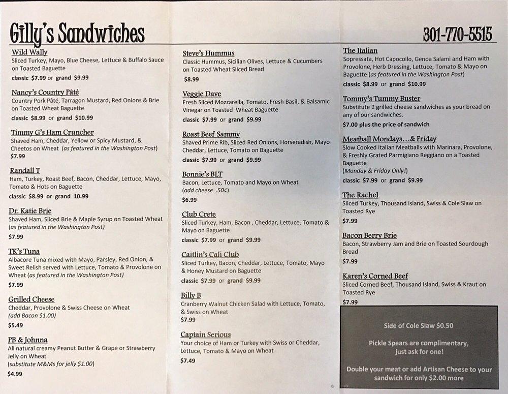 Menu at Gilly's Craft Beer & Fine Wine restaurant, Rockville