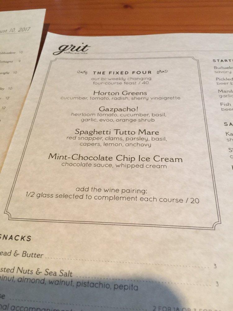 Menu at Grit restaurant, Eugene