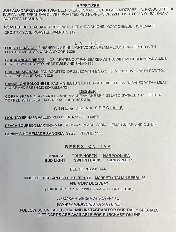 Menu at Paradiso Ristorante restaurant, Swampscott