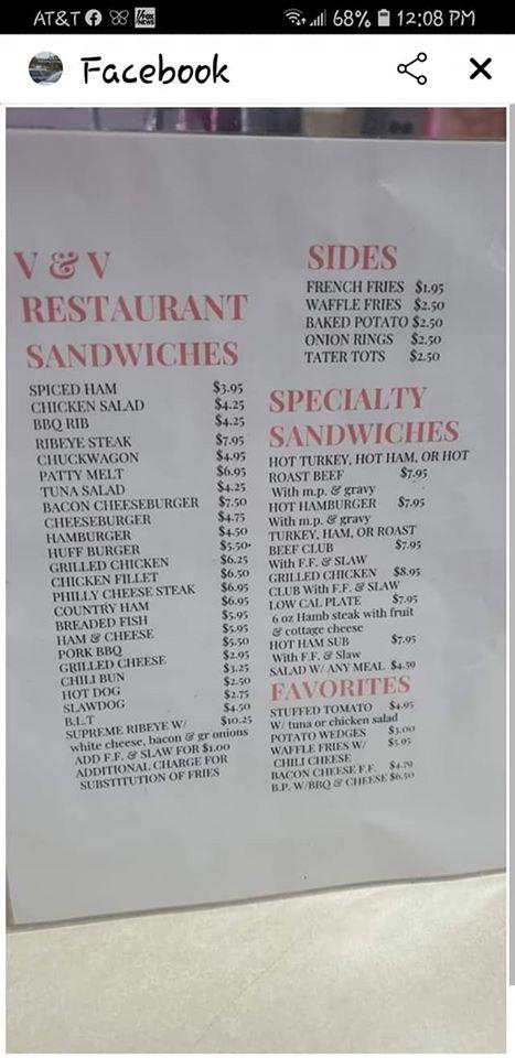Menu at V & V Restaurant, Richlands, 374 Front St