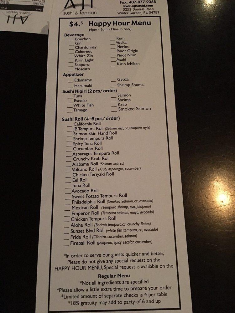 Carta del restaurante Aji Sushi Teppan, Winter Garden