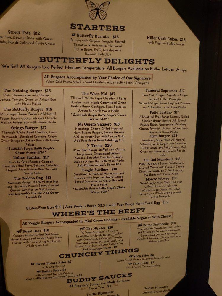 Menu at Butterfly Burger pub & bar, Sedona