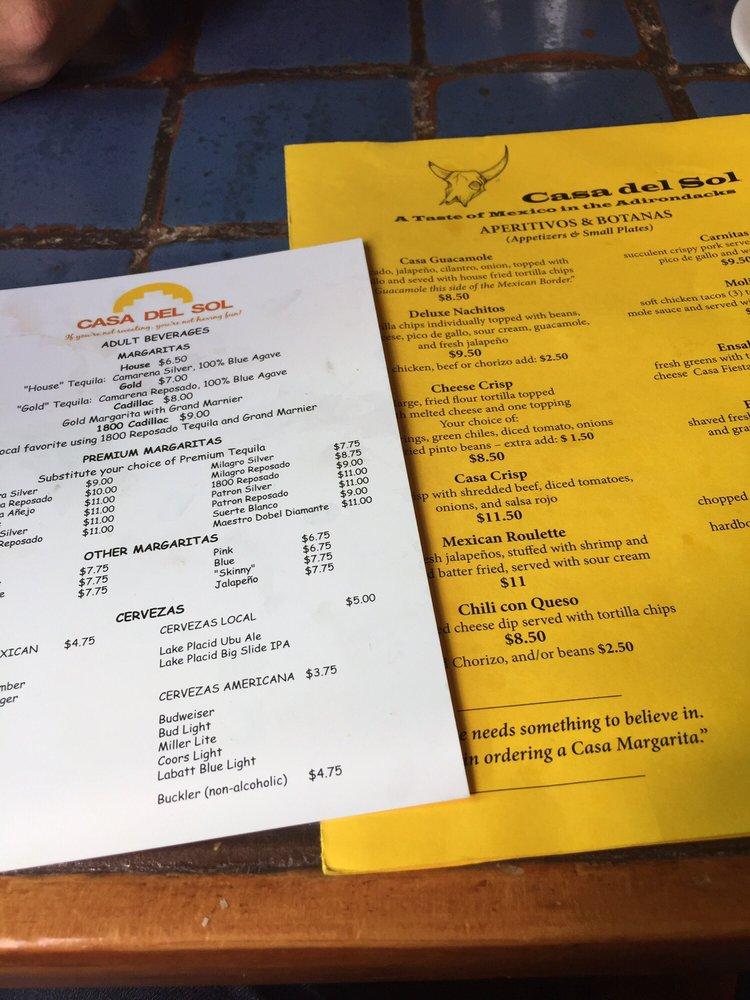 Menu at Casa del Sol pub & bar, Saranac Lake, 513 Lake Flower Ave