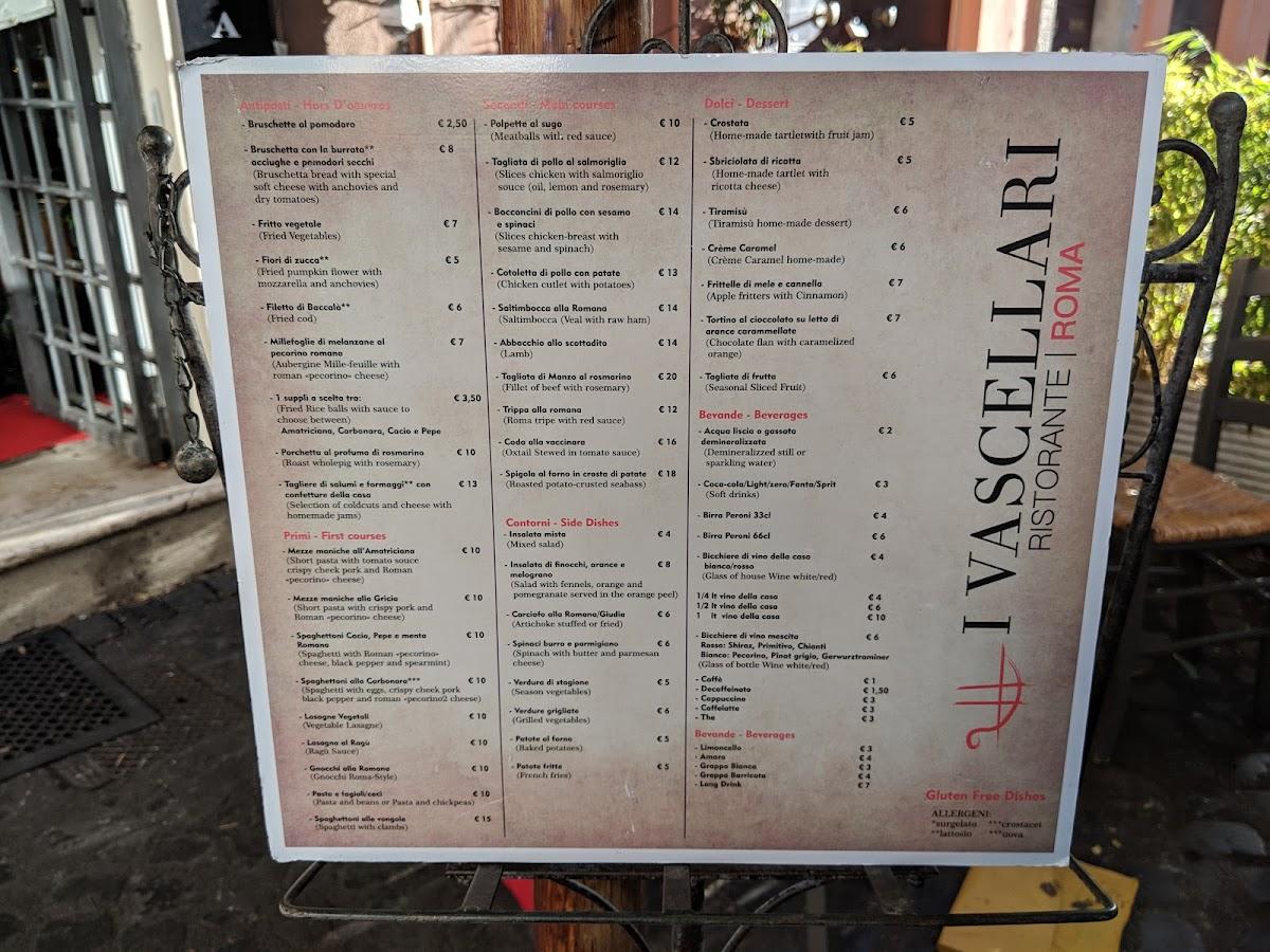 Menu at I Vascellari restaurant, Rome